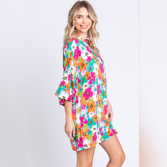 GeeGee | Dresses | Geegee Full Size Floral Round Neck Lantern Sleeve ...
